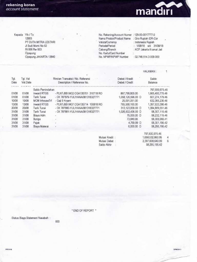 Mandiri 1290 0001 77770 Bulan 1-8 TH 2018 (Belum Ada File Excel) | PDF
