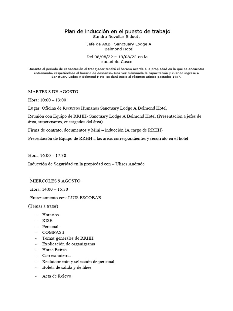 Plan de Inducción - Jefe de A&B MPSL Sandra Revollar ACTUAL | PDF