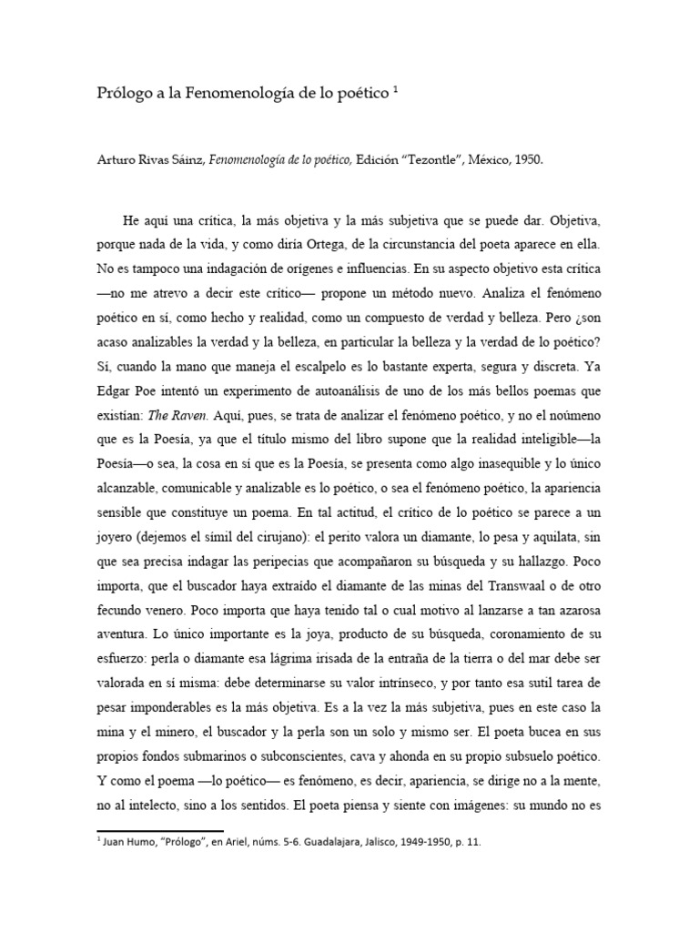 Prólogo A La Fenomenología de Lo Poético | PDF | Verdad | Poesía