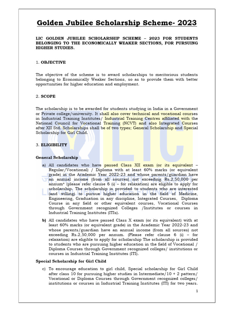 LIC 2023 Scholarships for EWS Students | PDF