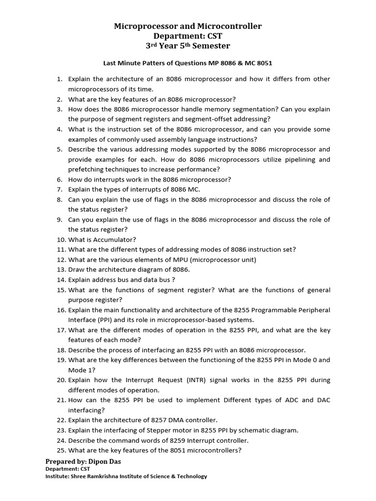 Last Minute Questions - 5thSemCST - MP8086 & MC8051 - byDD | PDF | Microcontroller | Microprocessor
