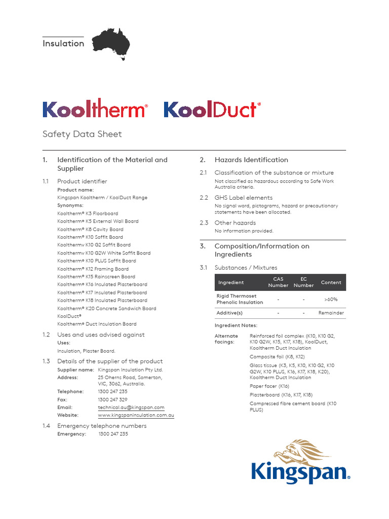 Kingspan Kooltherm Koolduct Safety Datasheet en Au | PDF