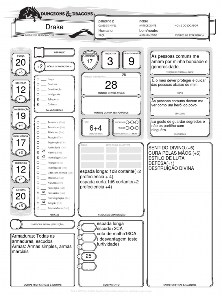 Ficha Oficial D&D 5E DRAKE | PDF