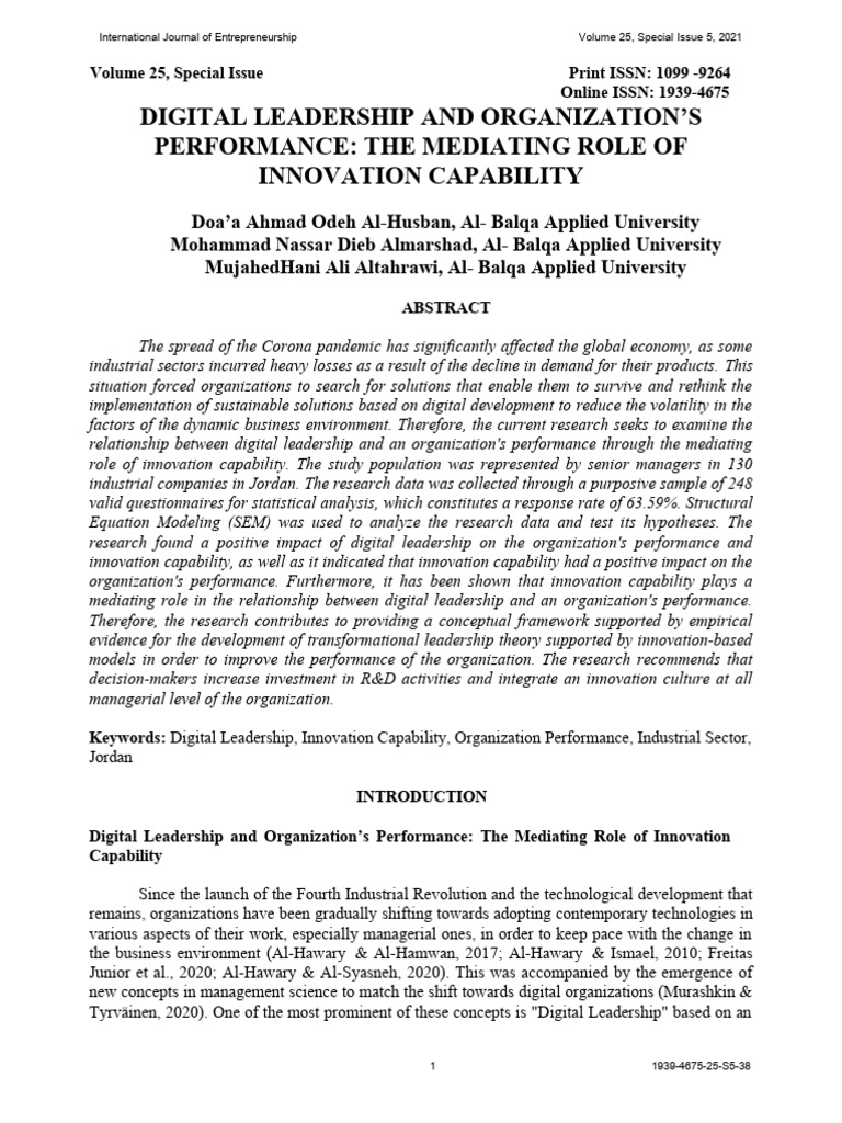 Digital Leadership and Organizations Performance The Mediating Role of Innovation Capability ...