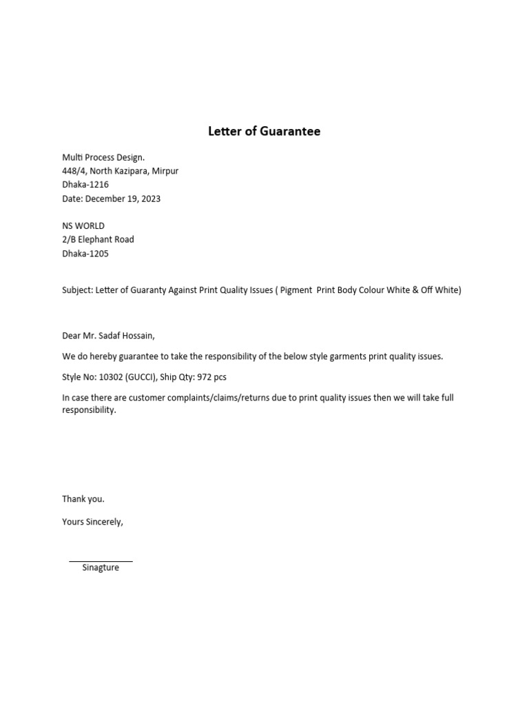 Letter of Guarantee | PDF