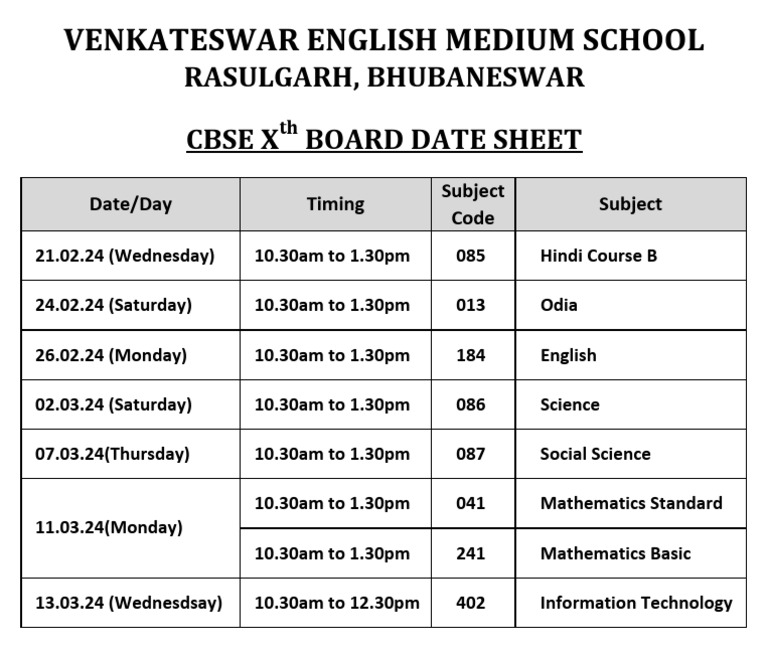 Cbse XTH Board (Date Sheet) 2024 | PDF