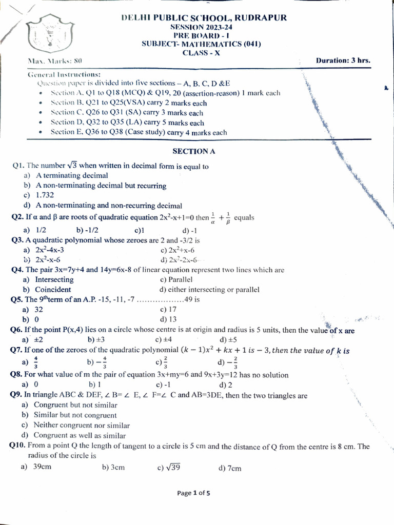 CLASS XII MATHS PRE BOARD PAPER 2023-24 (DPS , RUDRAPUR) | PDF