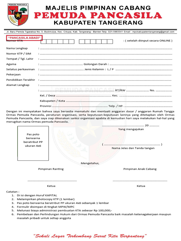 Formulir Anggota Pemuda Pancasila Pdf Olahraga Rekreasi Griya