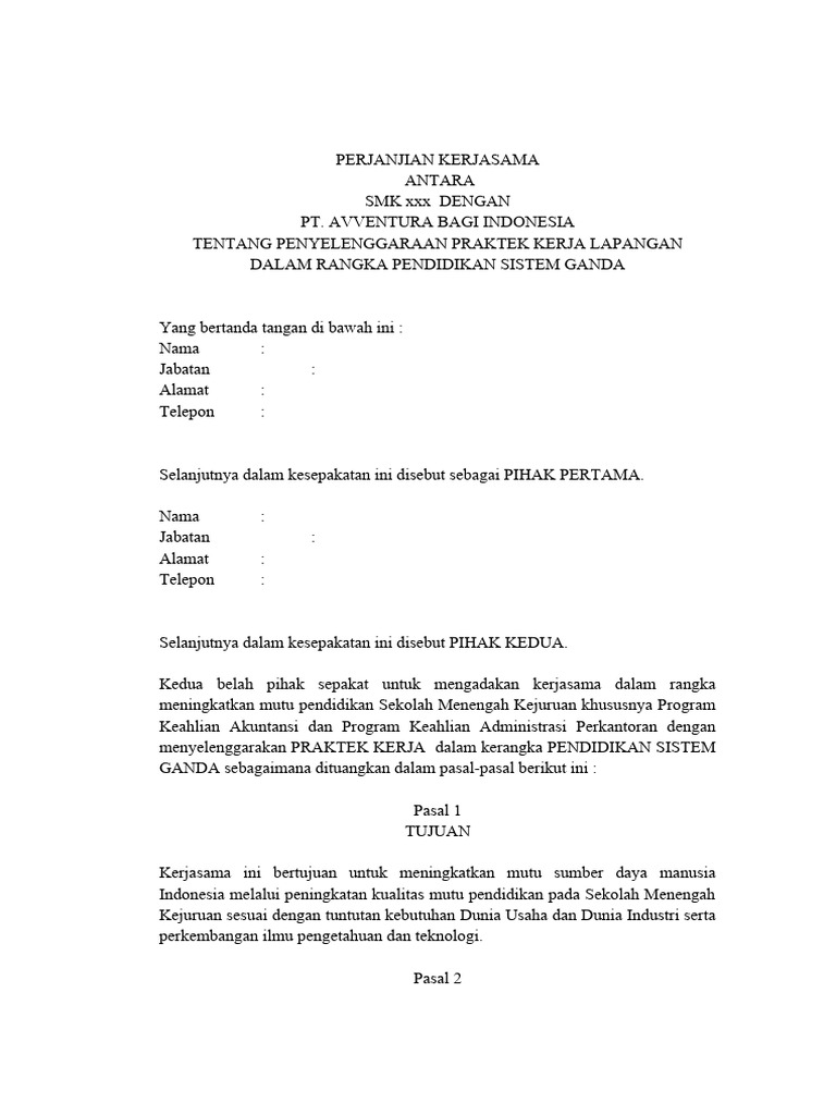 Draft Perjanjian Praktek Kerja Lapangan Pdf