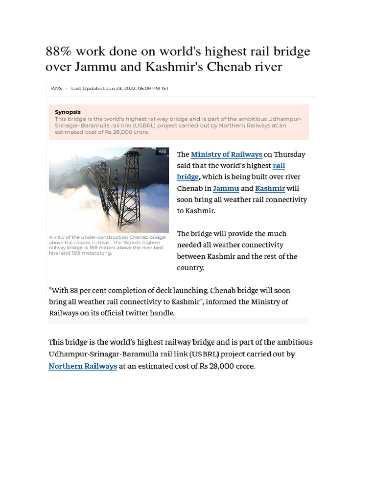 J&KChenab Rail Bridge - Wikipedia | PDF | Structural Engineering | Civil Engineering