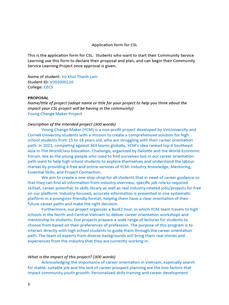 Application Form For CSL - YCM | PDF | Vietnam | Mentorship