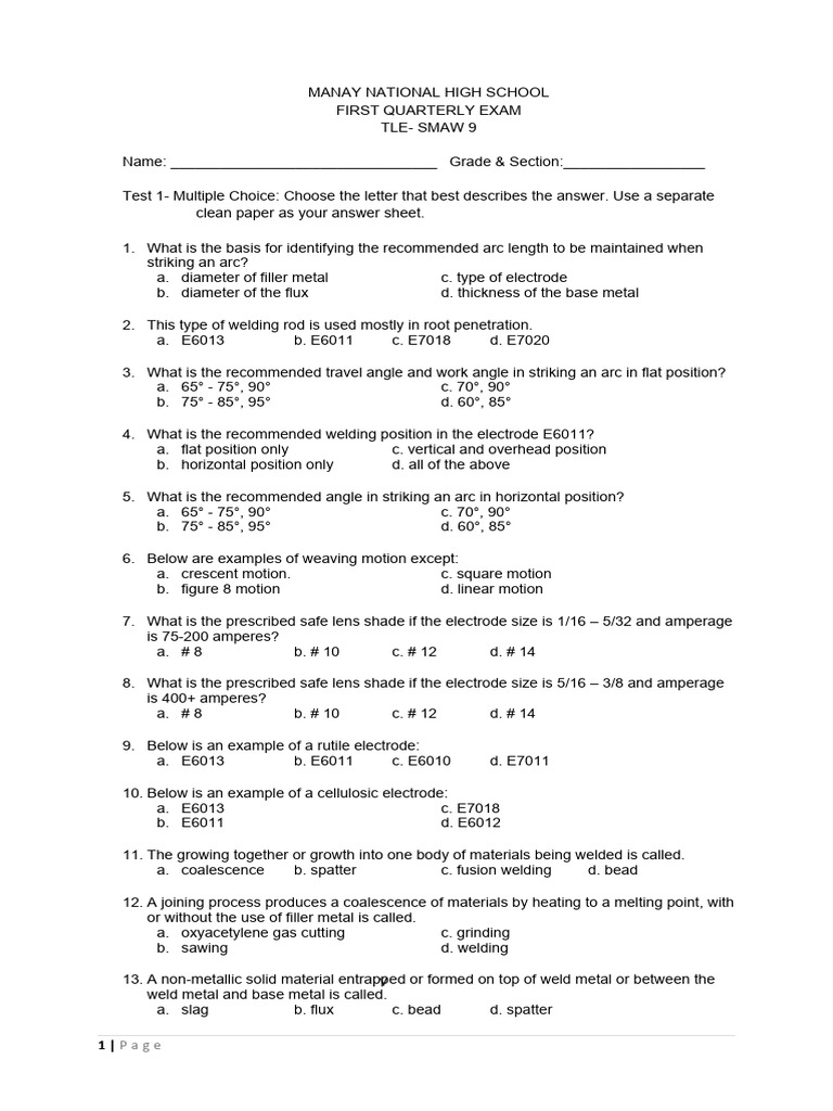 1st - Q - Exam - Grade 9 - Smaw - 25 | PDF | Technology & Engineering