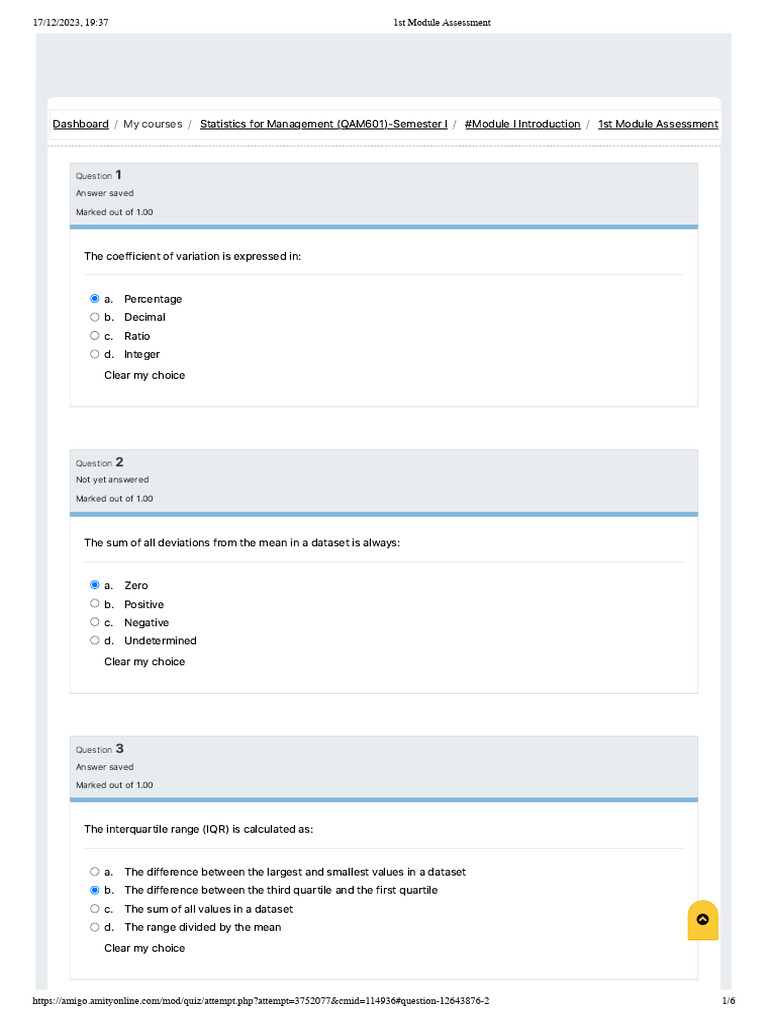 Statistics For Management Module 1 All MCQ | PDF