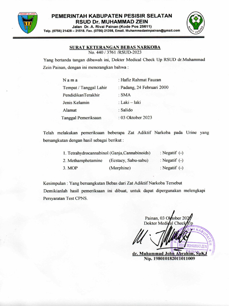 Surat Bebas Narkoba Dan Napza | PDF