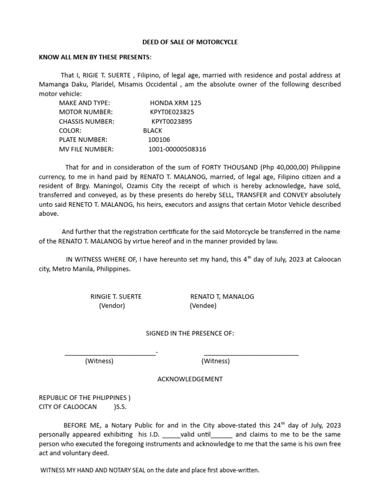 Deed of Sale Motorcycle Sample | PDF