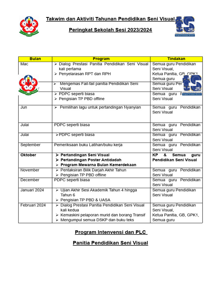 Takwim Dan Aktiviti Tahunan Panitia PSV 2023 2024 | PDF