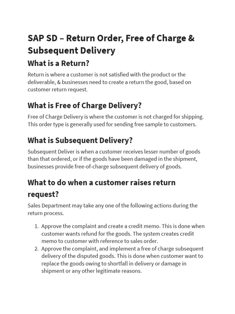 SAP SD - Return Order, Free of Charge & Subsequent Delivery: What Is A ...
