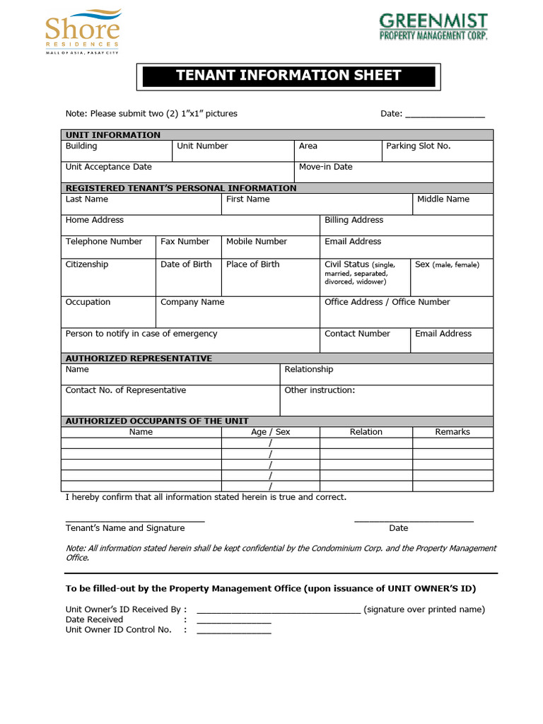 Tenant Information Sheet Template | PDF