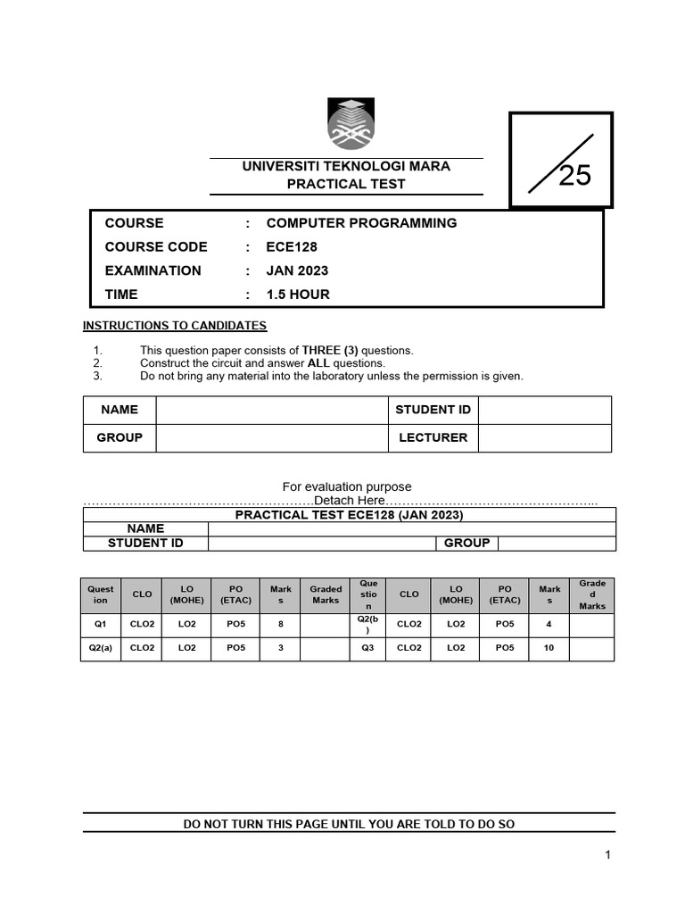 ECE128 Practical Test Overview | PDF