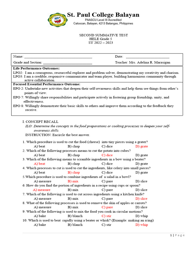 Q2 HELE 5 Summative Test | PDF