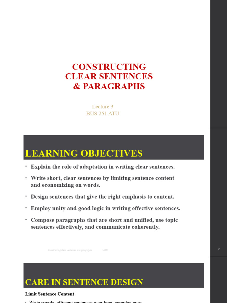 Lecture 3 Constructing Sentences and Paragraphs | PDF | Sentence (Linguistics) | Cognitive Science
