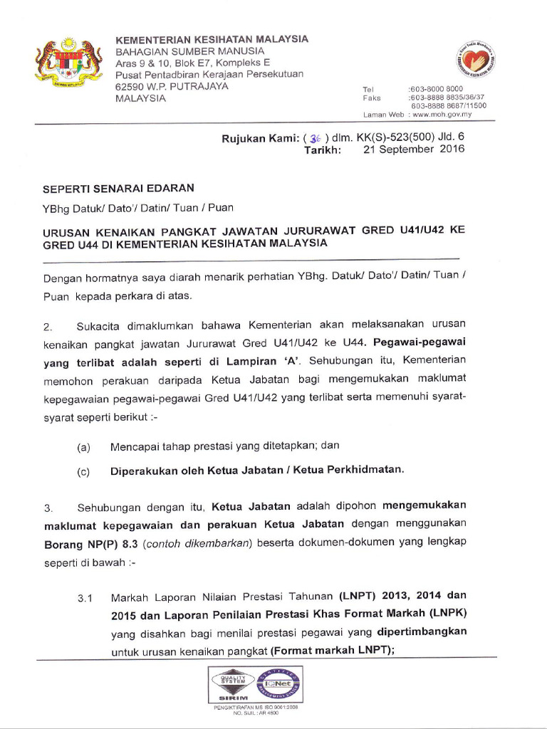 Urusan Kenaikan Pangkat Jawatan Jururawat Gred U41-U42 Ke Gred U44 Di ...