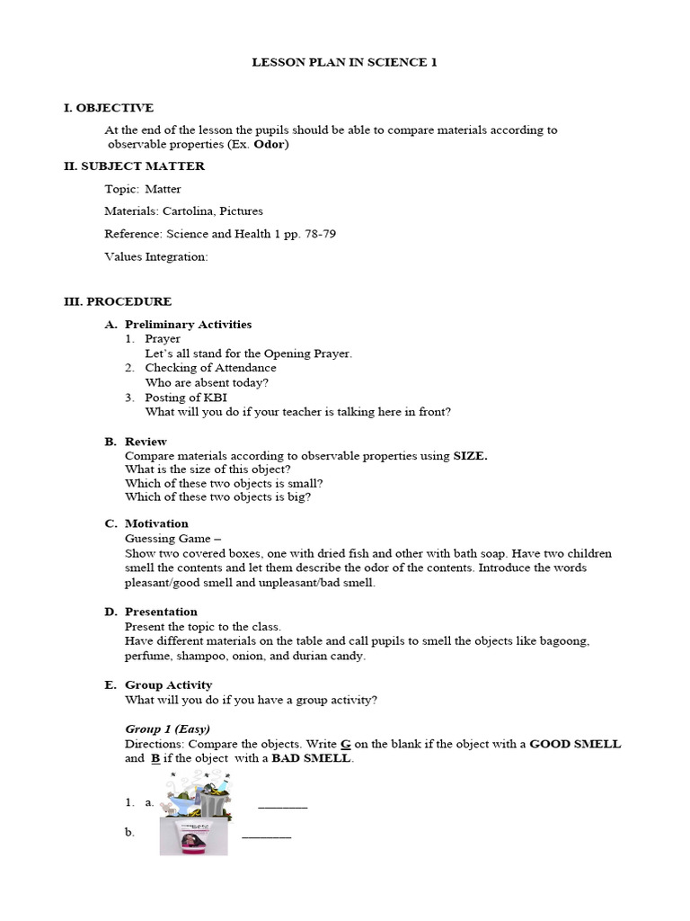 Science Lesson Plan: Comparing Odors | PDF