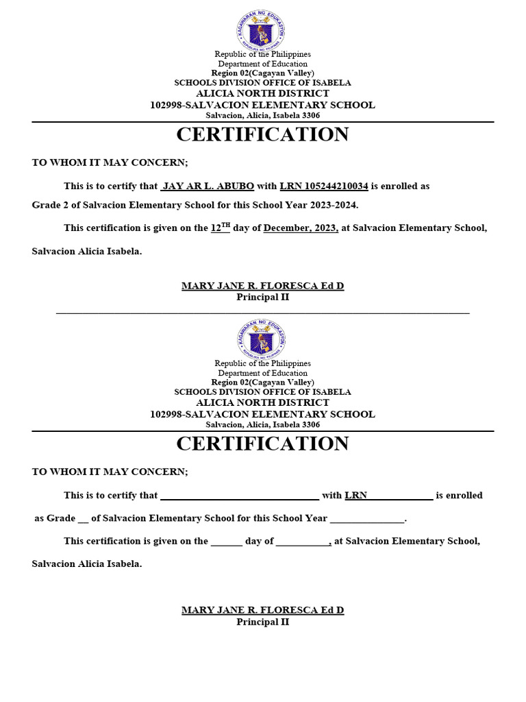 Certificate of Enrollment of SES | PDF