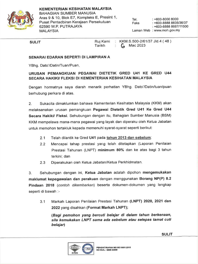 Urusan Pemangkuan Pegawai Dietetik Gred U41 Ke Gred U44 Secara Hakiki ...