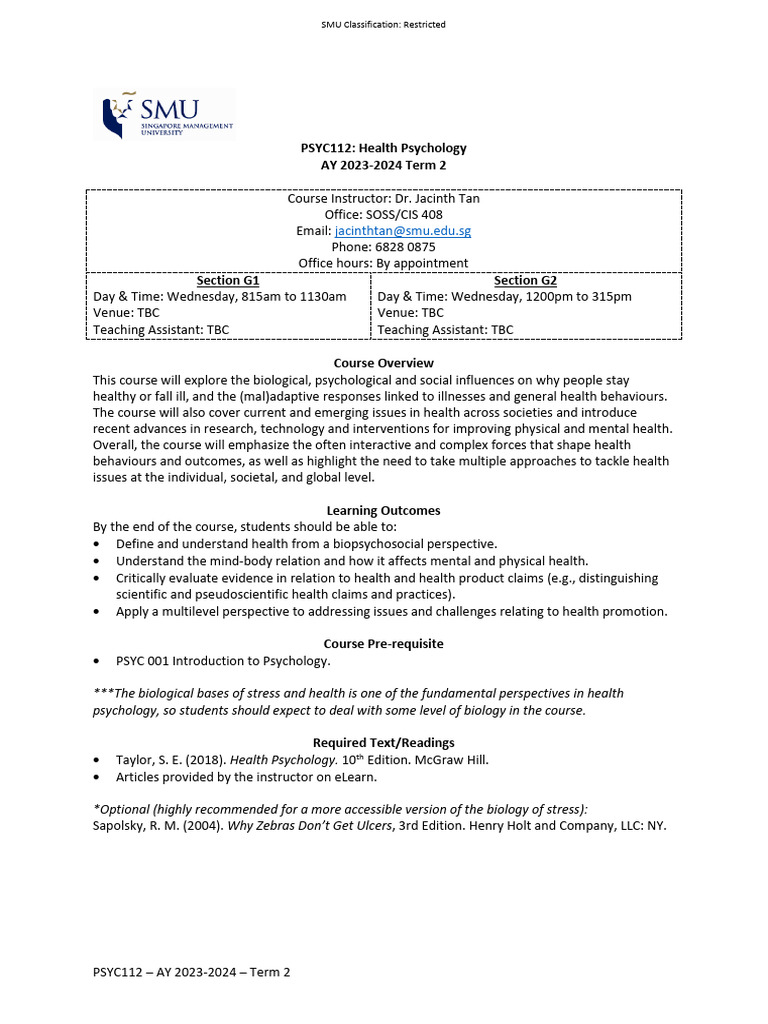 Course Outline SMU Health Psychology | PDF | Academic Dishonesty ...