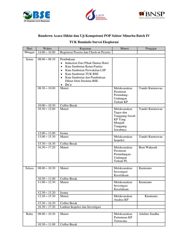 Rundown Acara Diklat Dan Uji Kompetensi POP Batch 4 | PDF Rundown Acara Diklat Dan Uji Kompetensi POP Batch 4 | PDF