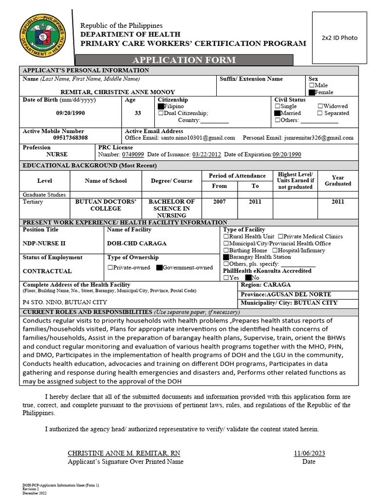 PCW Applicant's Information Sheet | PDF | Nursing | Health Care