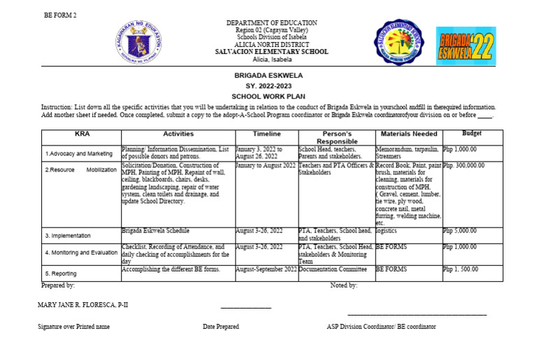 BE-Form 2 - School Work Plan | PDF