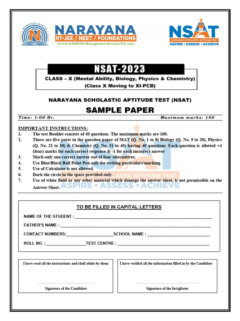 Class X To XI NSAT QP PCB | PDF