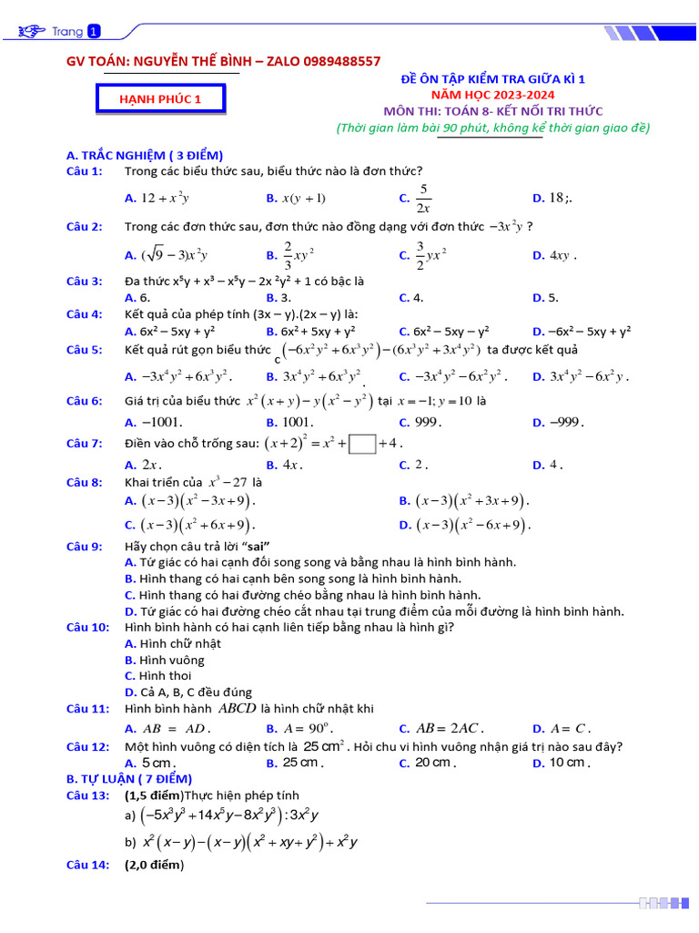 10 Đề Kt Gk1 - toán 8 - kntt | PDF