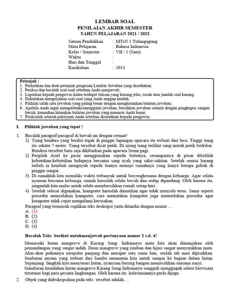 Soal PAS B.Indo Kelas 7 TH 2021 | PDF | Kajian Bahasa Asing