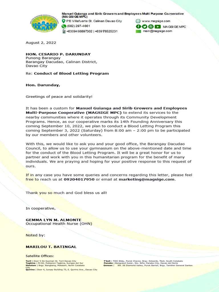 Letter To Barangay For Blood Letting | PDF | Public Services | Workplace