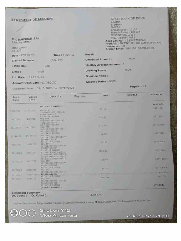 1yr Bank Statement Darshan Lal - 11zon | PDF