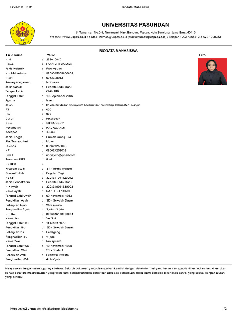 Biodata Mahasiswa | PDF