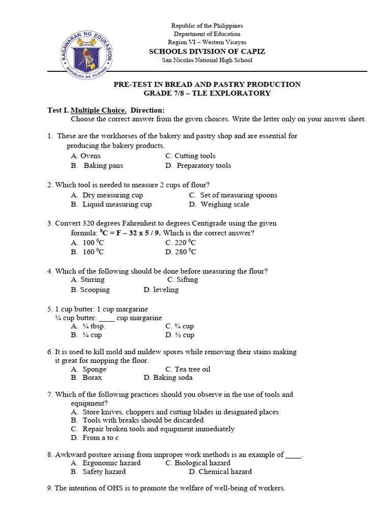 Pre-Test in Bread and Pastry Production | PDF | Baking | Bakery