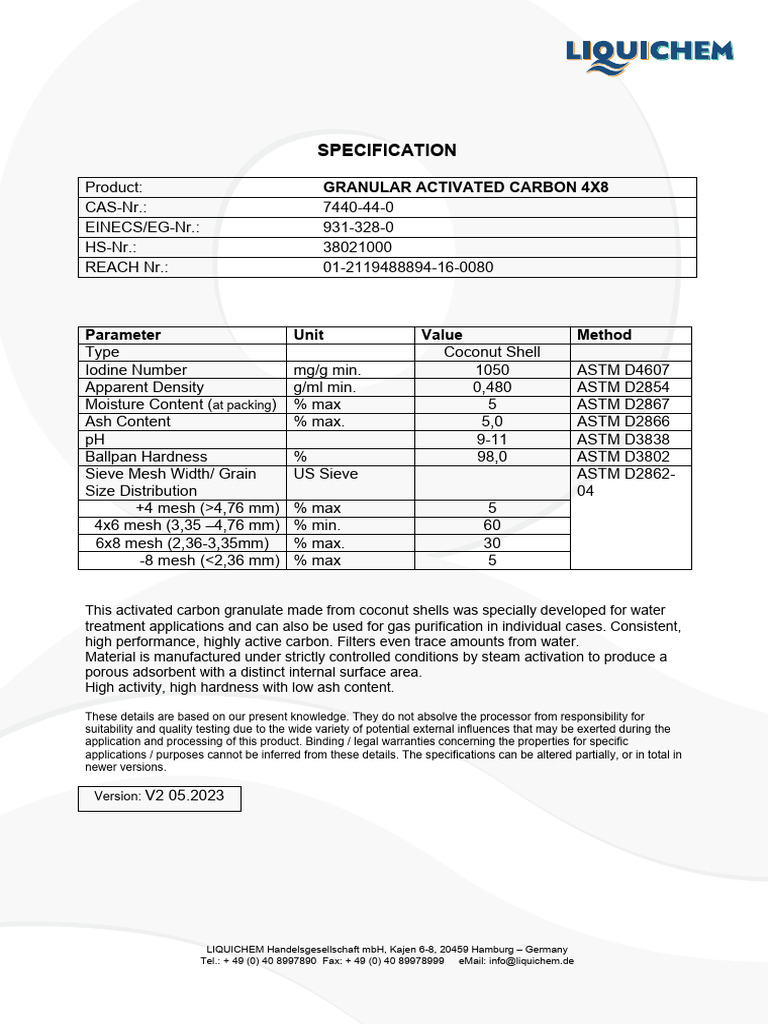 Specification: Granular Activated Carbon 4X8 | PDF | Physical Sciences | Chemistry