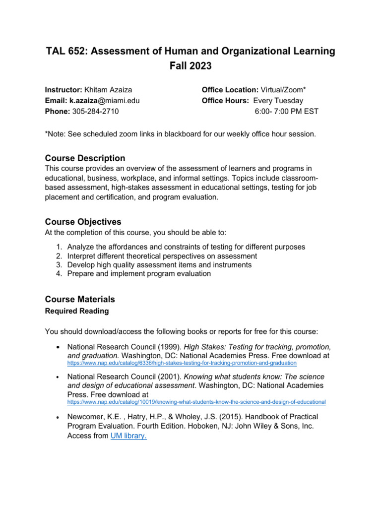 TAL 652 Course Syllabus | PDF | Academic Dishonesty | Accessibility