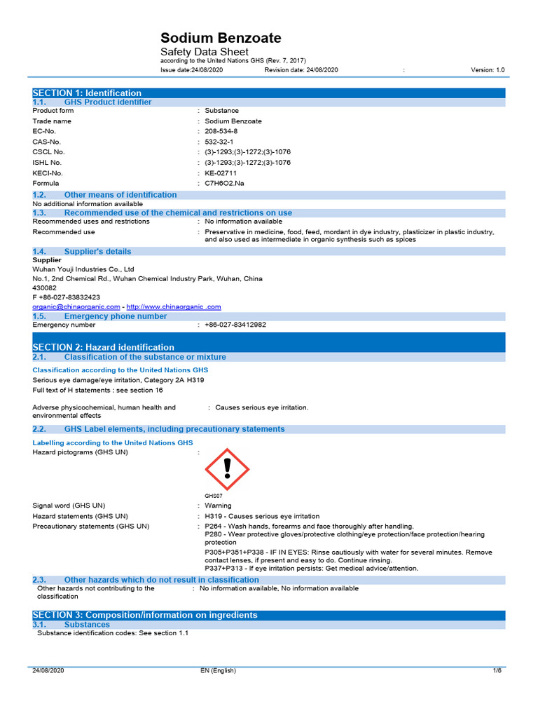 Sodium Benzoate Safety Data Sheet | PDF