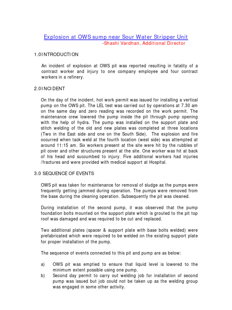 OWS Sump Explosion Incident Report | PDF | Pump | Vapor