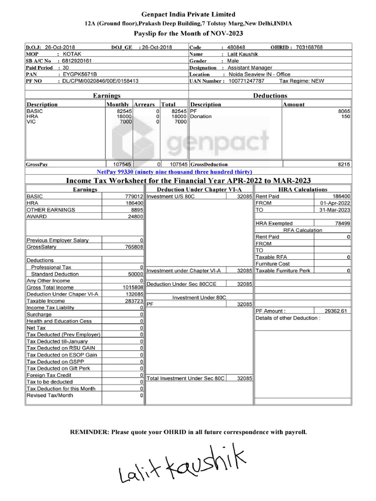 Lalit Payslip Nov | PDF