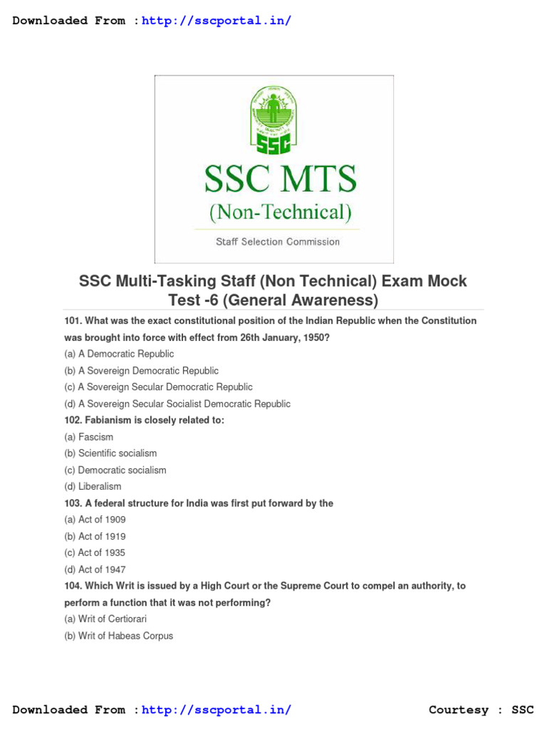 SSC MTS Papers Mock Test 6 General Awareness | PDF | Writ | Oxide