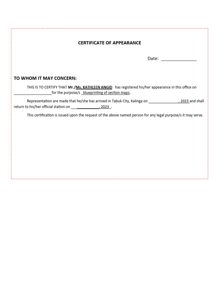 Certificate of Appearance for Kathleen Angid | PDF | Business | Finance ...