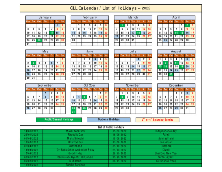 GLL Holiday Calender - 2022 | PDF