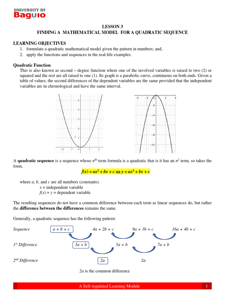 Lesson 3 Mathematical Model For Quadratic Sequences | PDF | Quadratic ... Lesson 3 Mathematical Model For Quadratic Sequences | PDF | Quadratic ...