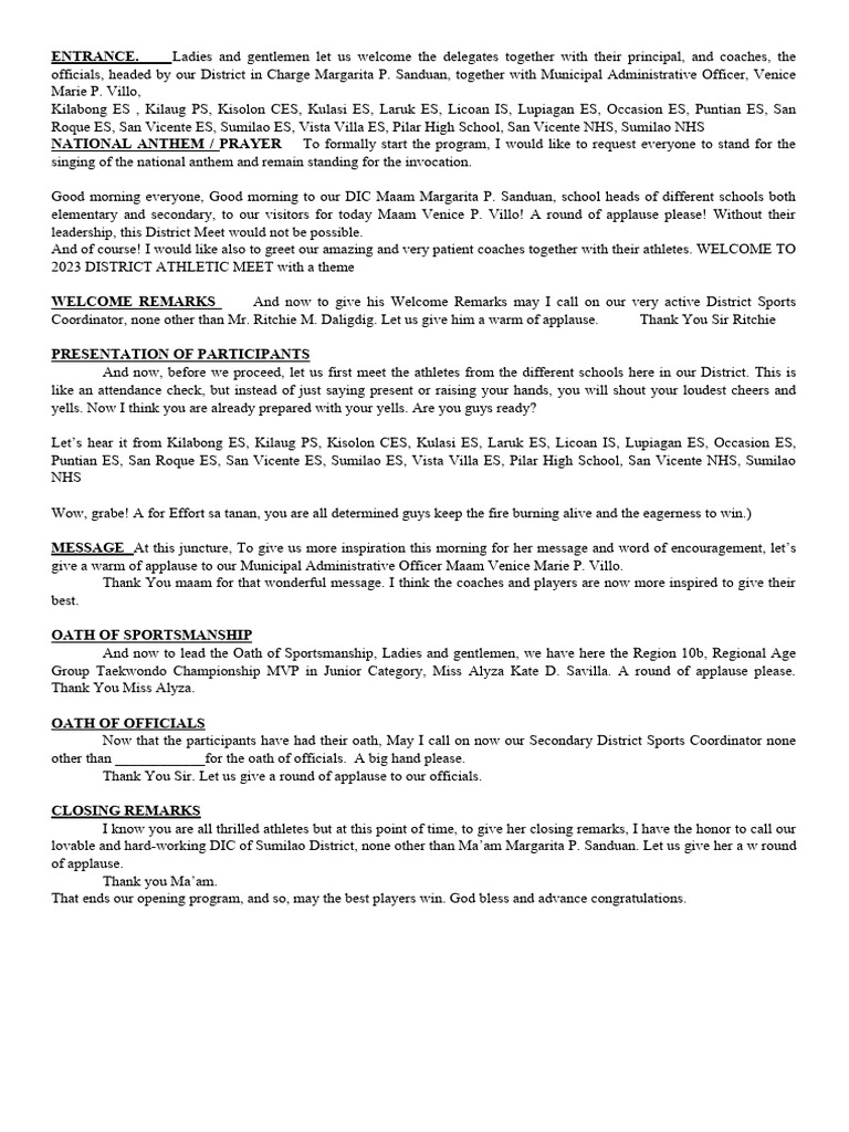 District Meet Emcee Script 2023 | PDF
